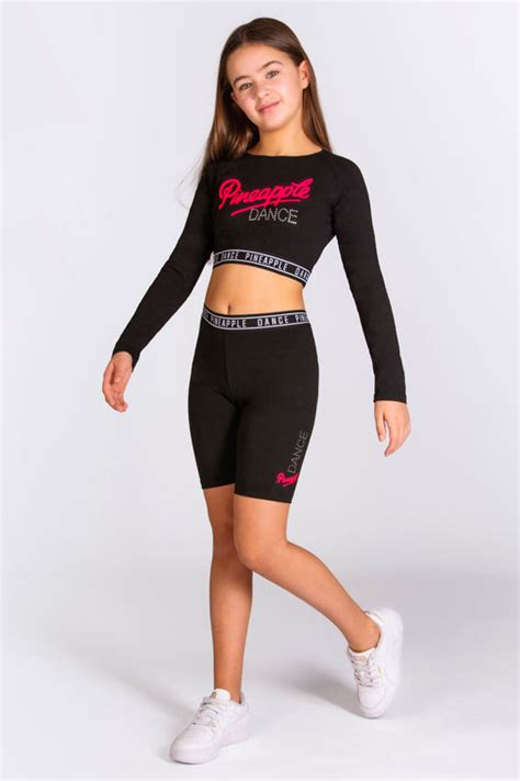 Girls Long Sleeve Dance Crop Top In Black Pineapple Dancewear