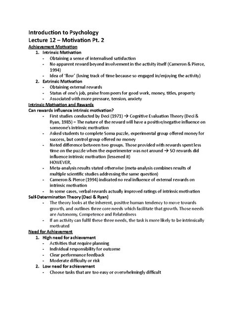Intro To Psych Lecturetutorial 12 Notes Introduction To Psychology Lecture 12 Motivation Pt