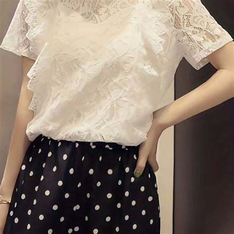 Womens Blouse White Long Sleeve Lace Stitching Casual Loose Solid