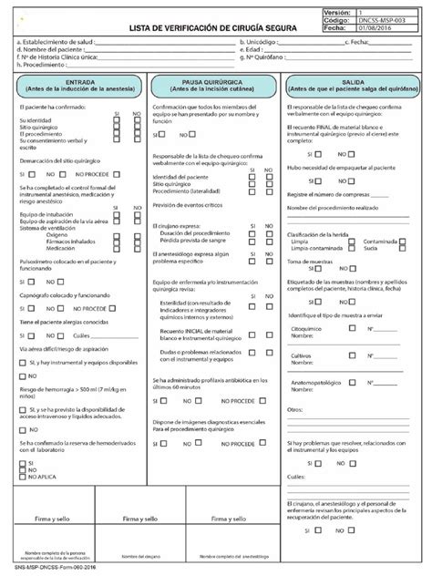 Dncss Msp 003 Lista De Verificacion De Cirugia Segura Pdf