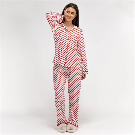 Rot Gestreifte Damen Pyjamas Mit Zuckerstangenmotiv Langärmeliges