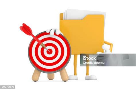 노란색 파일 폴더 아이콘 만화 인물 캐릭터 마스코트 와 양궁 표적 및 중앙에 다트 3d 렌더링 3차원 형태에 대한 스톡 사진 및 기타 이미지 Istock