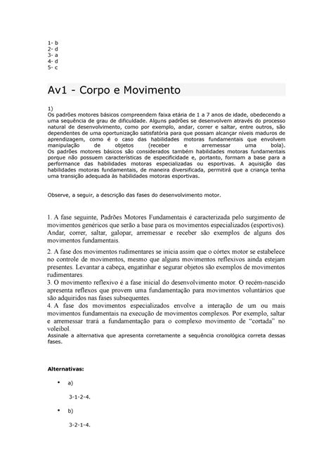 AV1 Corpo E Movimento 2022 1 B 2 D 3 A 4 D 5 C Av1 Corpo E