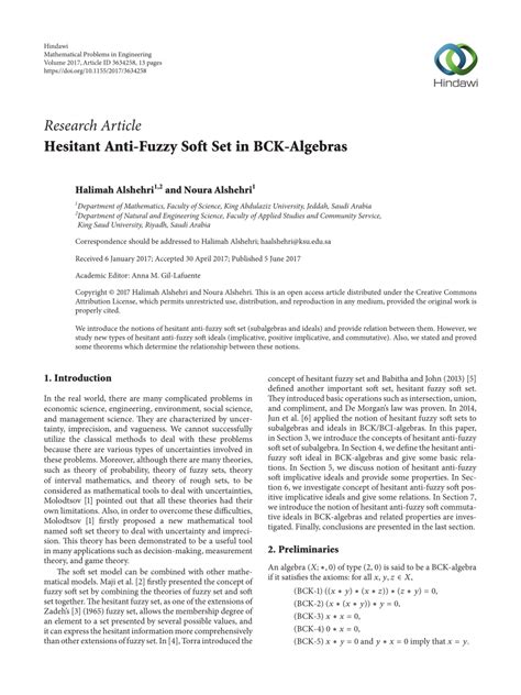 Pdf Hesitant Anti Fuzzy Soft Set In Bck Algebras