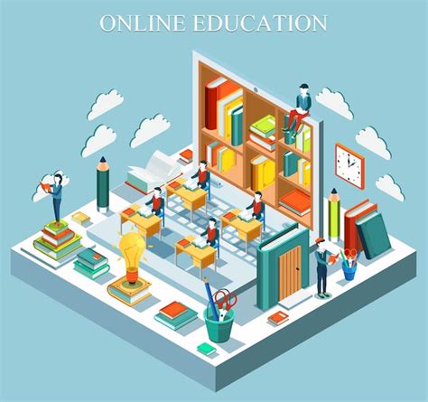 온라인 교육 개념 등각 투영 평면 디자인 프리미엄 벡터