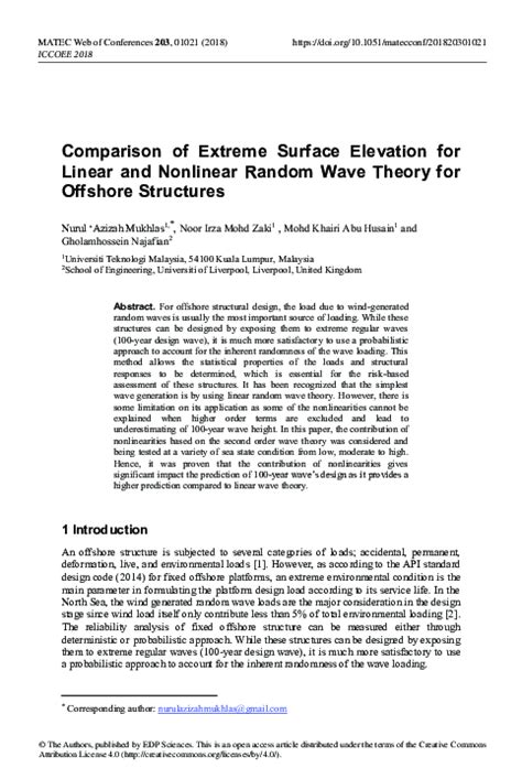 Pdf Comparison Of Extreme Surface Elevation For Linear And Nonlinear