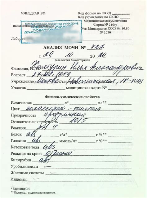 Бланк анализа мочи