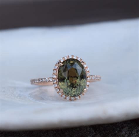 Olive Green Sapphire Engagement Ring Rose Gold Engagement Ring Green