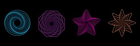뒤틀린 나선형 세트 신성한 지오메트리 원과 육각형의 형태로 선이 있는 터널 벡터 기하학적 프랙탈 요소 가상현실에 대한 스톡 벡터