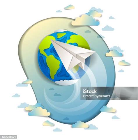 종이 접기 접는 장난감 비행기 만화 종이 주위를 비행 아름 다운 구름과 지구 현대적인 스타일 3d 그림 흰색 배경에 고립 된 벡터 3차원 형태에 대한 스톡 벡터 아트 및
