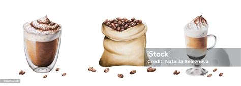 커피와 함께 수채화 세트 고립된 배경에 손 그림 모카 커피 황마 커피 백 라떼 아메리카노 카푸치노 라프 디자이너 메뉴 상점 바