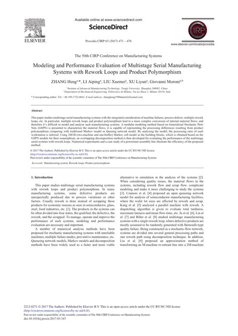 Pdf Modeling And Performance Evaluation Of Multistage Serial Manufacturing Systems With Rework