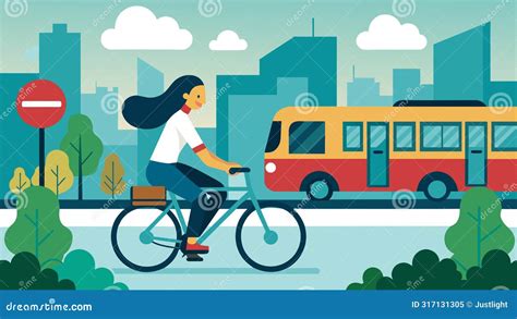 A Woman Uses Public Transportation Or Bikes Instead Of Driving A Car Reducing Air Pollution And
