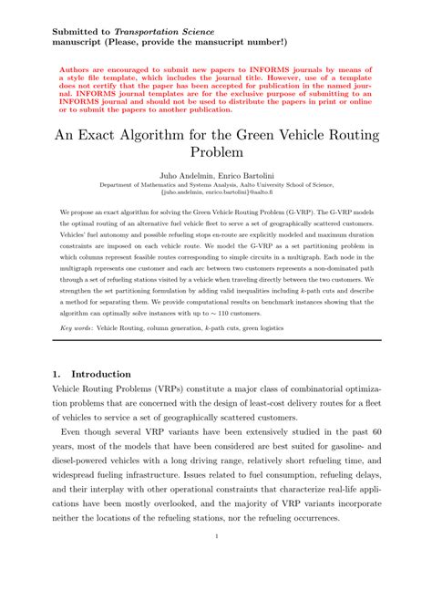 Pdf An Exact Algorithm For The Green Vehicle Routing Problem