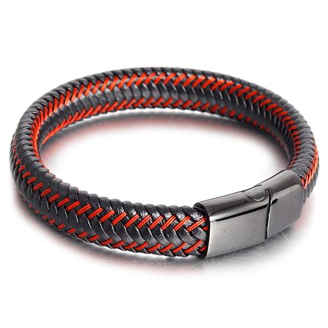 Mens Black Braided Leather Stainless Steel Clasp Bracelet