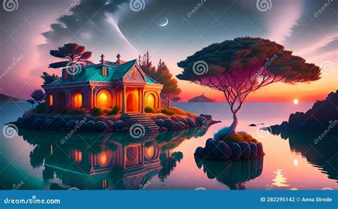 Sunset Reverie Illustration Of An Ancient Greek Temple By The Ocean At