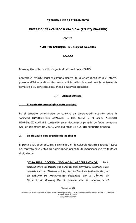 Laudo Arbitral Incumplimiento De Contrato De Asiciación En