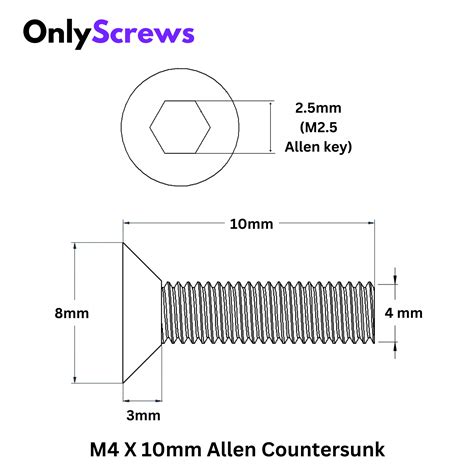 M4 X 10mm Hex Allen Csk Ss 304 Screw Dia 4mm Length 10mm Onlyscrews