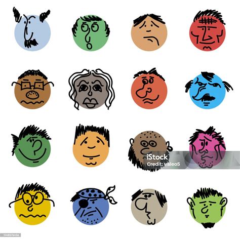 컬러 낙서 머리 다양한 감정을 가진 둥근 만화 얼굴 다른 다채로운 캐릭터 만화 스타일의 사람들 손으로 그린 트렌디한 그림