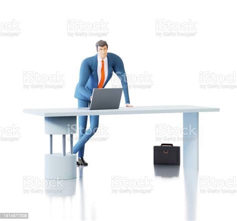 성공적인 사업가 사무실 노트북으로 작업 그의 책상 옆에 머물러 있습니다 3d 렌더링 그림 개념에 대한 스톡 사진 및 기타 이미지 Istock