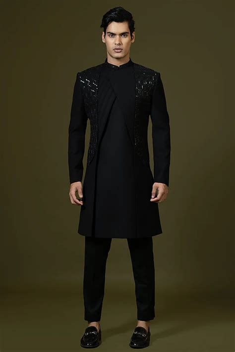 Buy Paarsh Black Embroidered Achkan Jacket Set At Perniaspopupshopmen