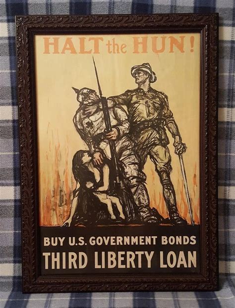 1918 Wwi Propaganda Lithograph Poster Halt The Hun Framed Rare