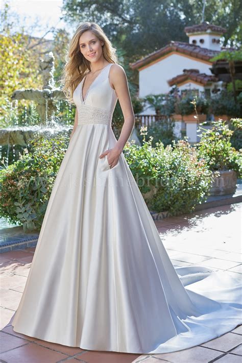 F201054 V Neck Italian Satin And Lace Trim Wedding Dress