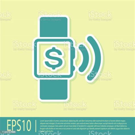 녹색 비접촉 지불 아이콘 노란색 배경에 고립입니다 무선 비접촉 거래를 만드는 Nfc 기술과 스마트 워치 평면 디자인입니다 벡터