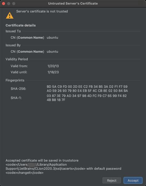 server s certificate is not trusted pop up ides support intellij