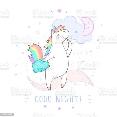 토끼 장난감 커피와 텍스트손으로 그린 귀여운 유니콘의 벡터 그림 Good Night 흰색 배경에 과체중에 대한 스톡 벡터 아트