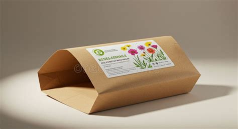 Brown Paper Bag With A Rectangular Label Featuring Colorful Flowers And Text The Label Stock