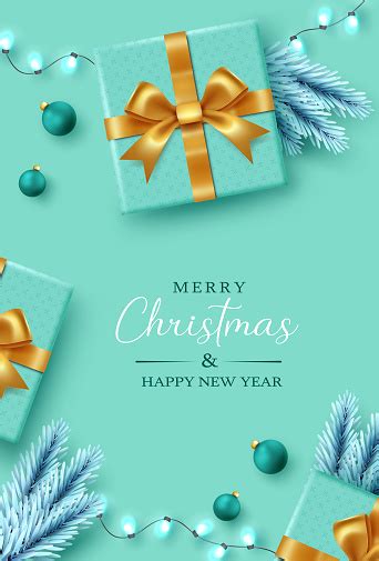 메리 크리스마스 텍스트 벡터 포스터 디자인입니다 선물 상자 크리스마스 공 및 가문비 나무 장식품과 크리스마스 인사말 카드 12월에 대한 스톡 벡터 아트 및 기타 이미지