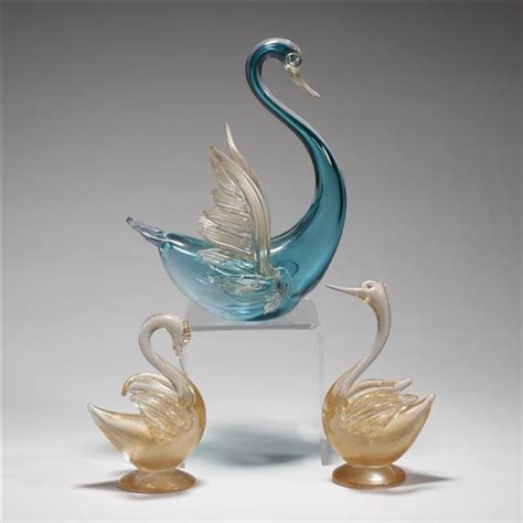 Lot Three Murano Art Glass Swans Including A Pair With Heavy Gold