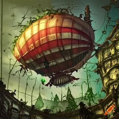 Steampunk Airship Over A Jungle Covered City On Craiyon