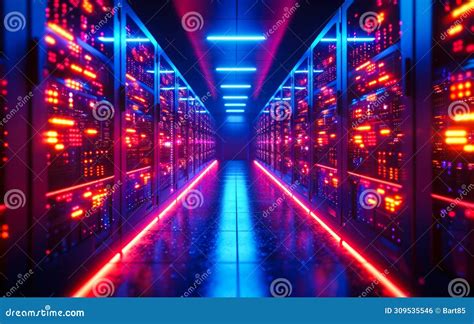 High Tech Data Center Server Racks With Glowing Led Lights Symbolizing