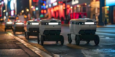 Efficient Logistics City Fleet Of Autonomous Delivery Robots Navigating Urban Streets Concept