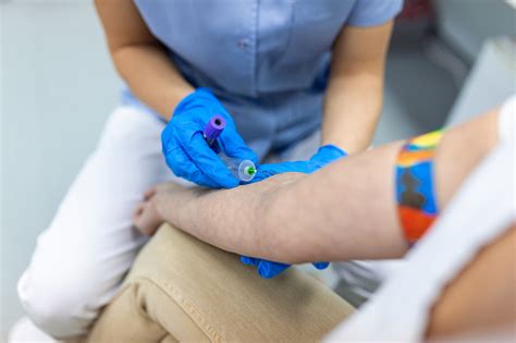 간호사 의사 또는 의료 기술자의 손을 닫고 파란 장갑을 끼고 병원에 있는 환자에게서 혈액 샘플을 채취하십시오 2명에 대한 스톡