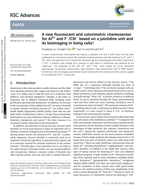 Pdf A New Fluorescent And Colorimetric Chemosensor For Al 3 And F − Cn − Based On A