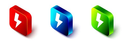 在白色背景上隔離的等軸閃電閃電圖示快閃記憶體符號充電快閃記憶體圖示雷電螺栓照明罷工紅色藍色和綠色方形按鈕向量向量圖形及更多互聯網圖片 Istock