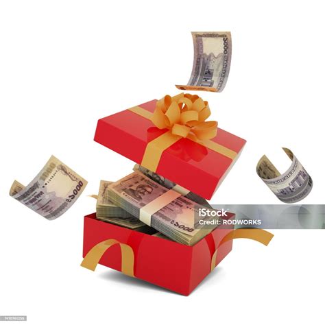 1000 방글라데시 타카 노트는 열린 빨간 선물 상자 안에 있습니다 방글라데시 타카 안과 선물 상자 주위를 비행 흰색 배경에 고립 된 상자 안에 돈을 3d 렌더링 0명에