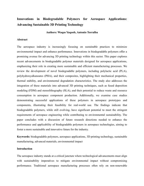 Pdf Innovations In Biodegradable Polymers For Aerospace Applications