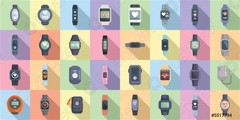 Wearable Tracker Icons Set Flat Vector Fitness Bracelet Stock Vector 5517794 Crushpixel