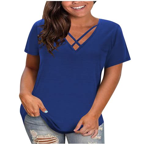 Blvb Plus Size Tops For Women Summer Short Sleeve V Neck Criss Cross T