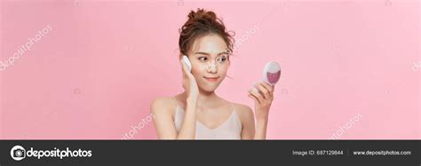 Portrait Beautiful Asian Woman Applying Powder Puff Cheek Makeup