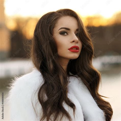 Breast Portrait Of Young Beautiful Pretty Woman With Long Curly Hair