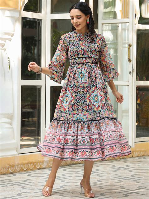 Buy Juniper Women Black And Yellow Ethnic Motifs Print A Line Midi Dress