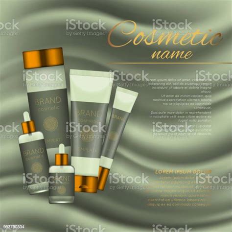 벡터는 부드러운 실크 배경에 3d 화장품 그림 아름다움 현실적인 화장품 제품 디자인 서식 파일입니다 3차원 형태에 대한 스톡