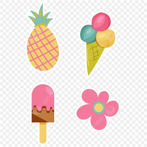 여름 스티커 일러스트 파인애플 아이스크림과 꽃 하계 과일 태양 Png 일러스트 및 벡터 에 대한 무료 다운로드 Pngtree