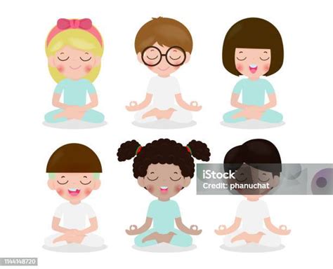 연꽃 포즈에서 명상 아이의 컬렉션입니다 귀여운 만화 어린이 요가와 명상 벡터 일러스트 레이 션 평면 스타일에 고립 된 흰색 배경