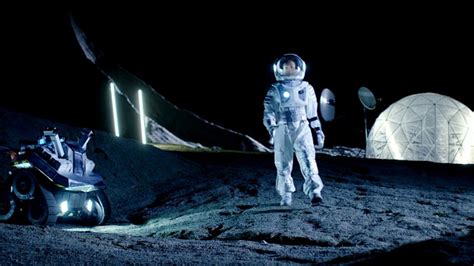 女宇航员在外星人星球上行走环顾四周在后台的生活区太空旅行星际探索和太阳系殖民概念